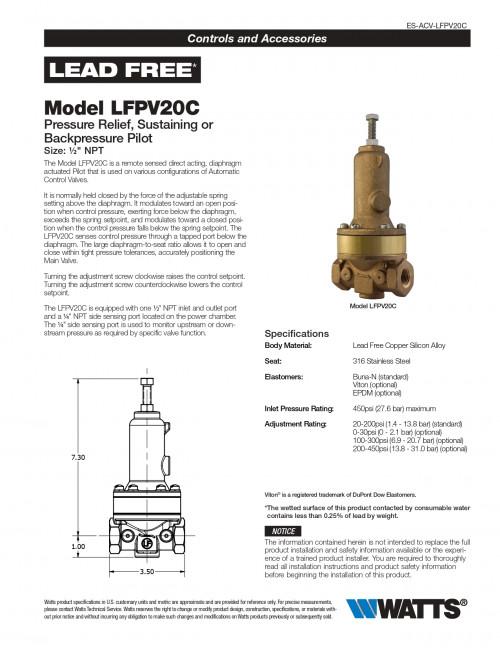 WATTS PILOT RELIEF RANG 20-200 size 1/2" MODEL : LFPV20C #7629779