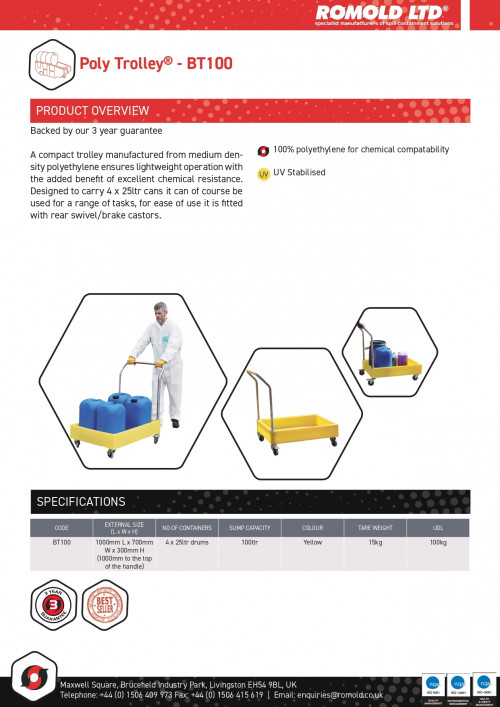 ROMOLD BT100 Bunded Trolley Rectangular 100 Litre. #7626702