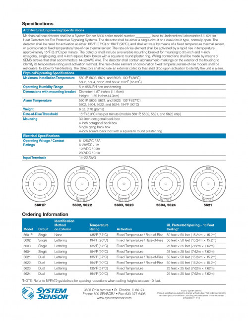 SYSTEMSENSOR 5601P Heat Detector, Rate of Rise and Fixed Temperature ...